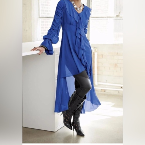 Ashro | Dresses | Ashro Royal Blue Ruffled Front Button Long Sleeves ...